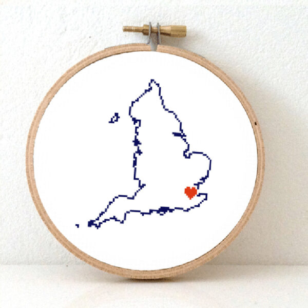 England map cross stitch pattern with a heart for London | Studio Koekoek