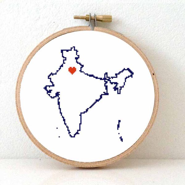 India map cross stitch pattern with a heart for Delhi | Studio Koekoek