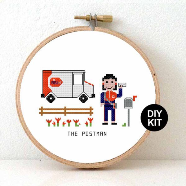 Female postman cross stitch kit | Studio Koekoek