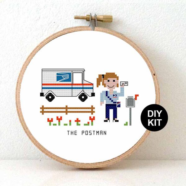 Female postman cross stitch kit | Studio Koekoek