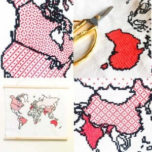 XL World Map cross stitch kit with country map outlines | Studio Koekoek