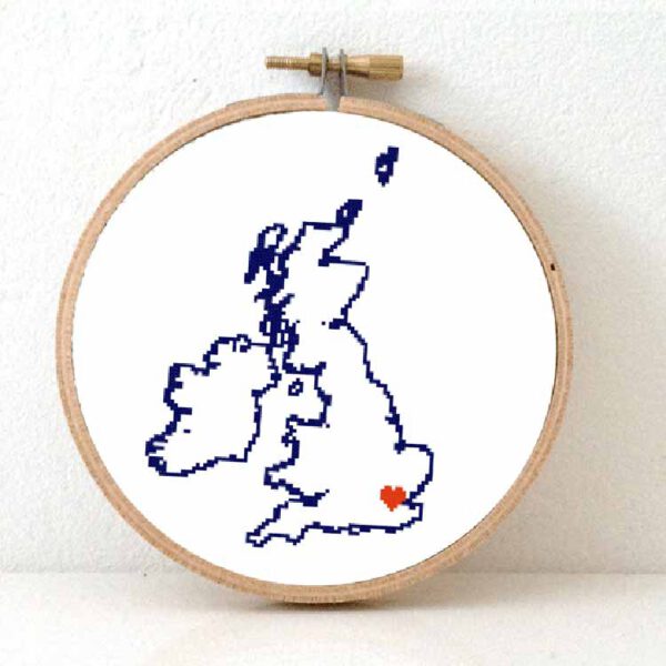 United Kingdom map cross stitch pattern with a heart for London ...
