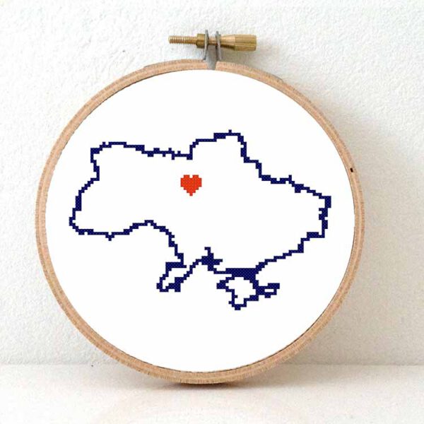 Ukraine map cross stitch pattern with a heart for Kyiv | Studio Koekoek